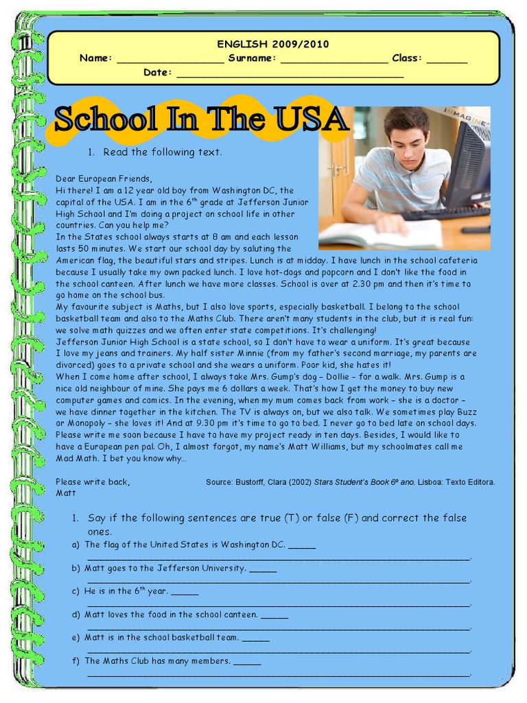 School in The Usa - Present Simple Reading + Exercises | PDF