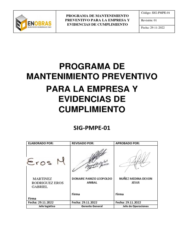 Programa de Mantenimiento Preventivo y Las Evidencias de Cumplimiento (Equipos, Máquinas ...