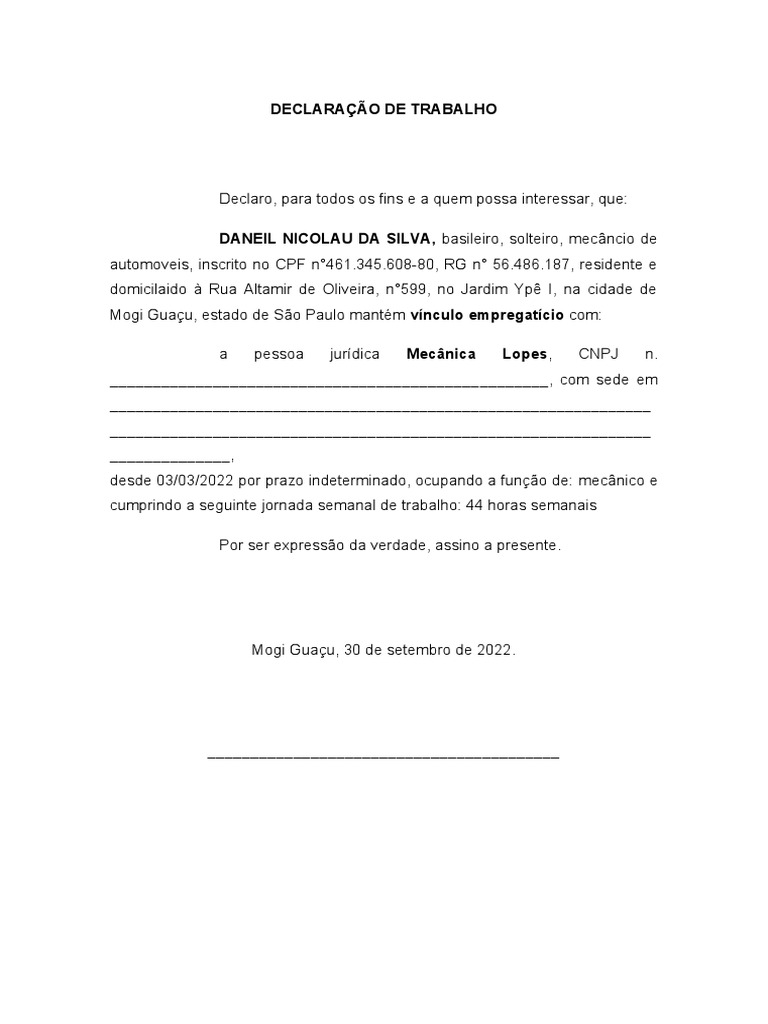 Modelo Declaracao Trabalho | PDF