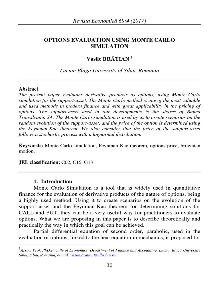 Options Evaluation Using Monte Carlo Simulation Vasile BRĂTIAN | PDF | Option (Finance) | Moneyness