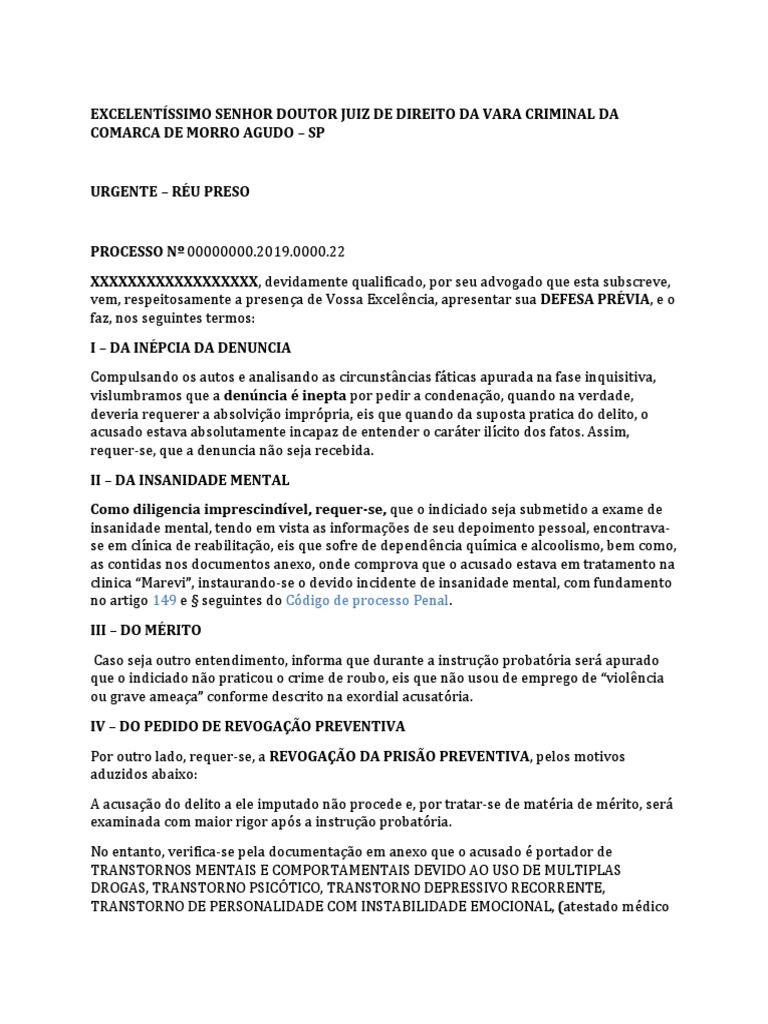 Modelo Defesa Previa Reu Inimputavel Crime de Roubo | PDF | Sentença ...