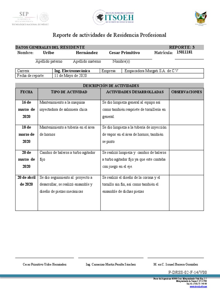 P-DRSS-02-F-14 Reporte de Actividades de Residencia Profesional 1modificada | PDF | Máquinas ...