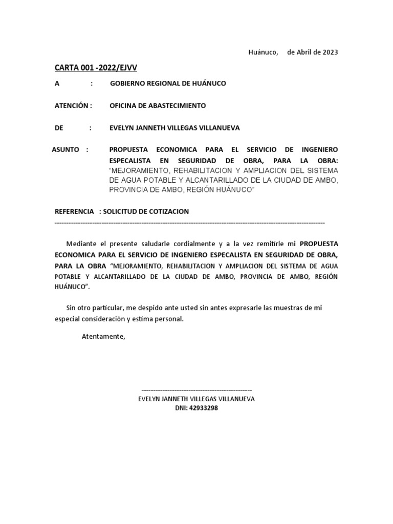 CARTA MODELO - SOLICITUD Esp. Seguridad en Obra | PDF