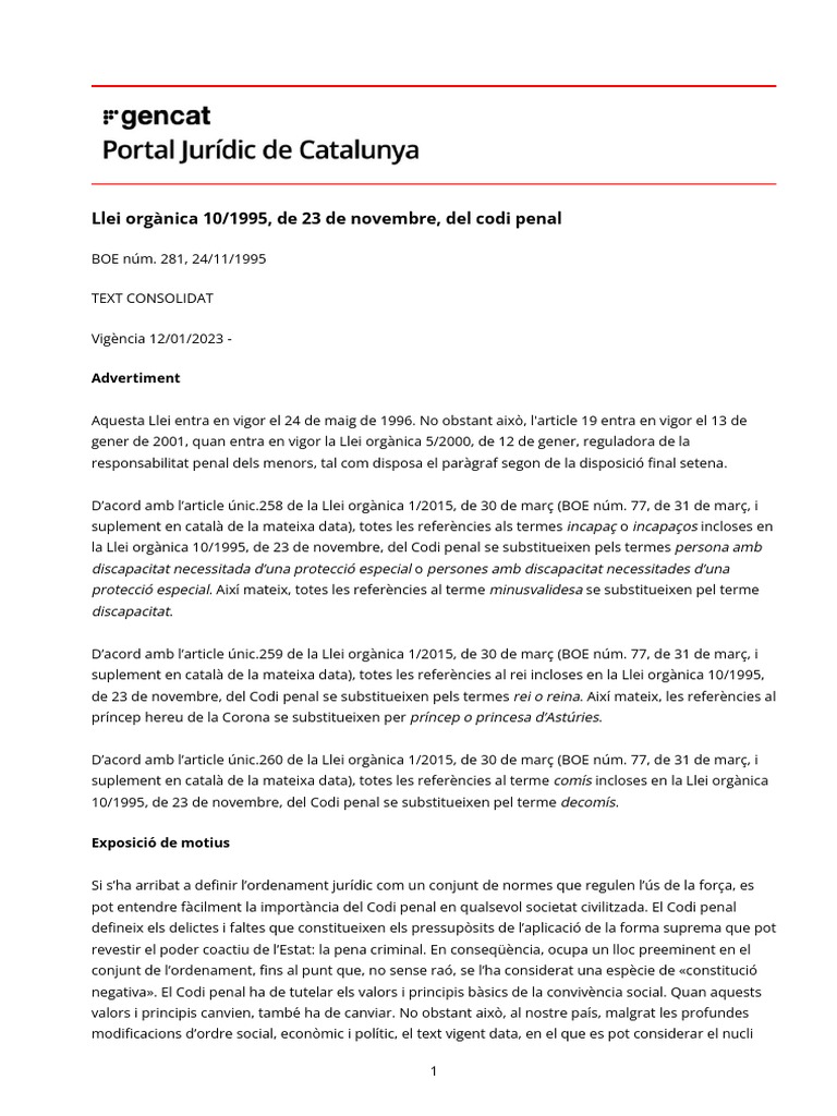 Llei Orgànica 10-1995, Del Codi Penal, Actualitzat Modificacions 2022 | PDF