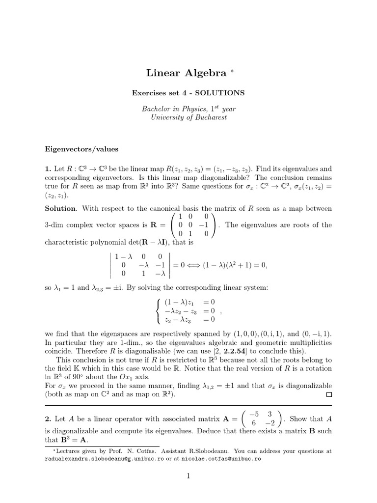 ALGExercises4 Sol | PDF | Eigenvalues And Eigenvectors | Mathematical Concepts