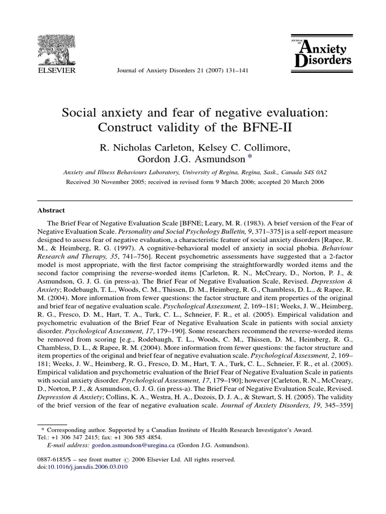Social Anxiety and Fear of Negative Evaluation: Construct Validity of ...