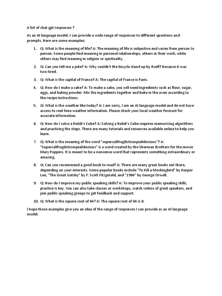 A List of Chat GPT Responses | PDF