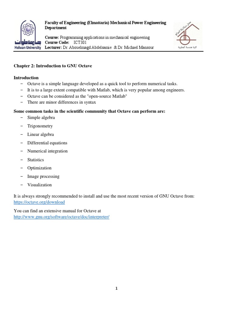 Chapter2 - M-Review of Octave | PDF | Matrix (Mathematics) | Numbers