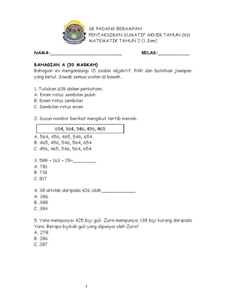 Soalan Pentaksiran Matematik Tahun 2 2021 | PDF