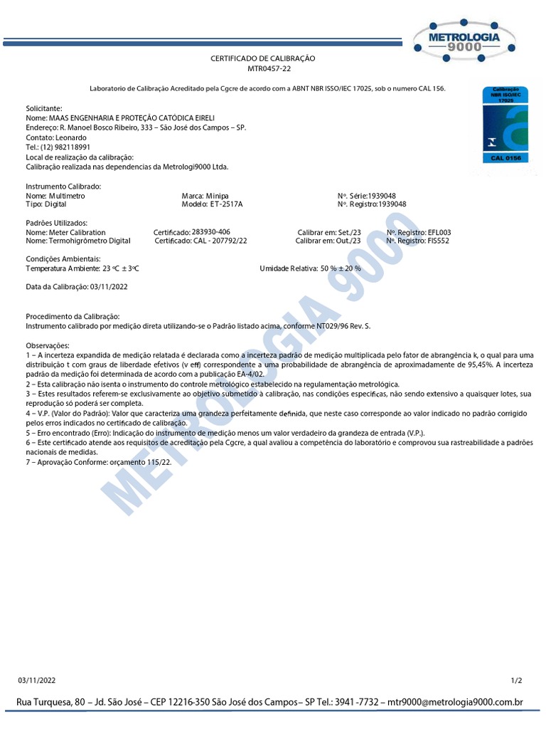 Certificado de Calibração - Multimetro 1939048 PDF | PDF