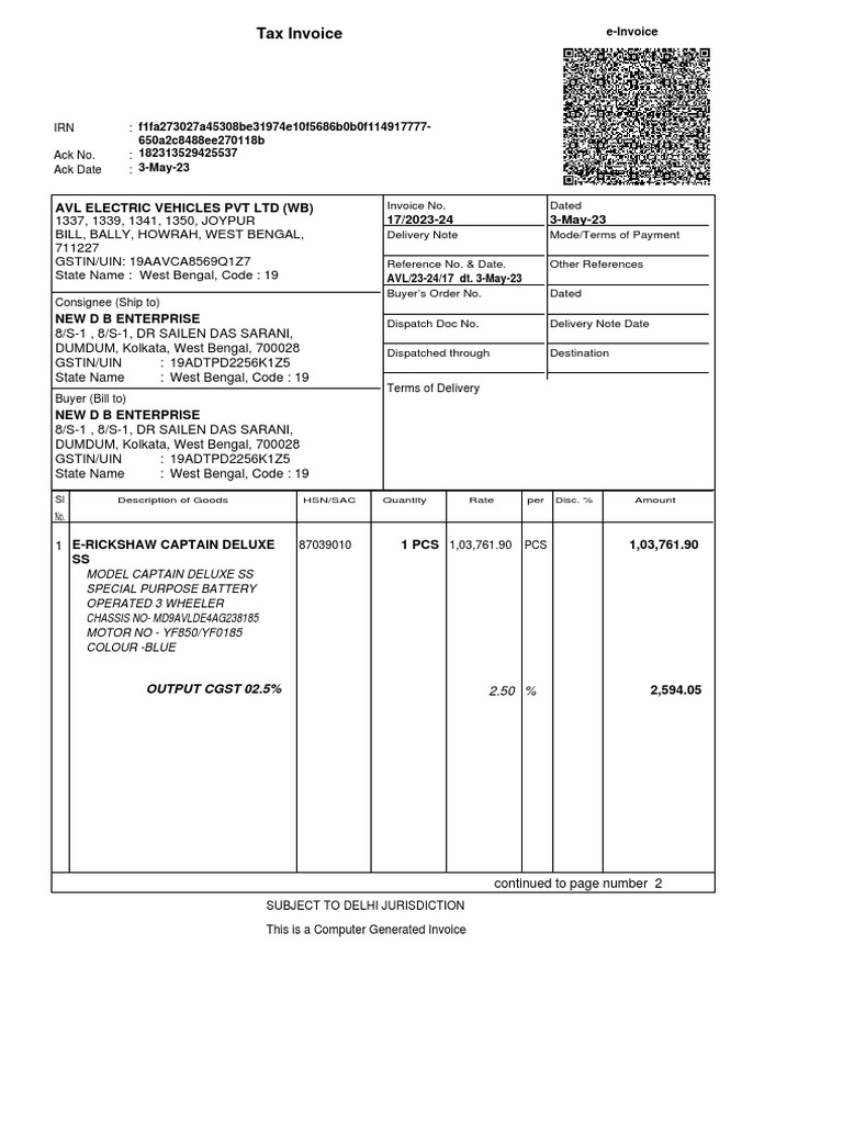 Sale of an E-Rickshaw: Tax Invoice for the Delivery of an E-Rickshaw ...