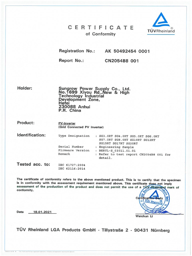 SG3.0-20RT IEC 61727 and 62116 Certificate PDF | PDF