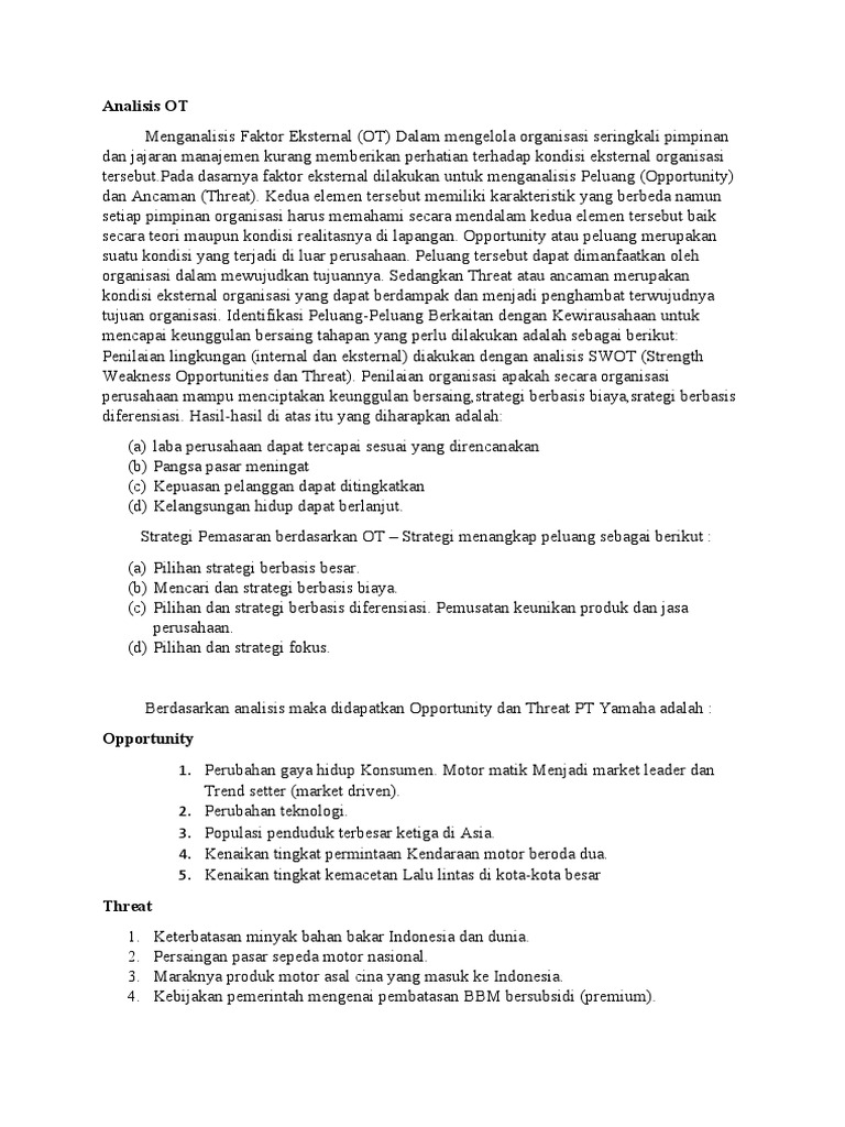 Analisis OT Dan EFE Matrix | PDF | Bisnis | Pengelolaan Keuangan & Uang