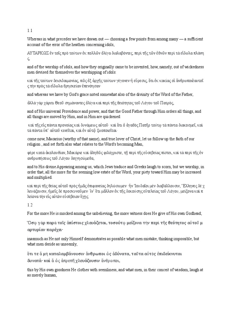 Athanasius - On The Incarnation - Greek English Interlinear Section 1 PDF | PDF