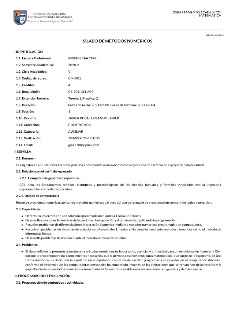 Silabo - MÉTODOS NUMÉRICOS - 2020-2 PDF | PDF