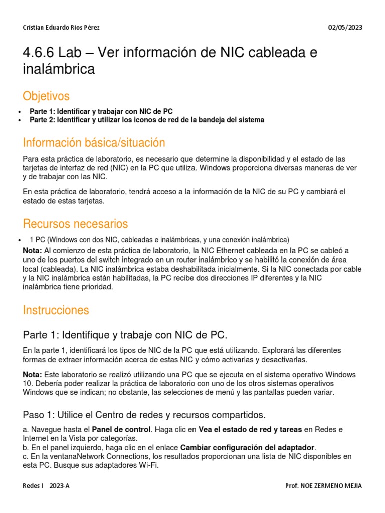 4.6.6 - Lab - Ver Información de NIC Cableada e Inalámbrica | PDF ...
