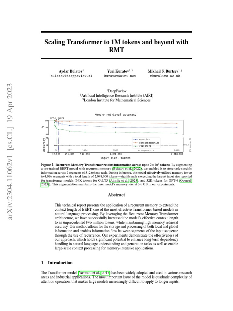 Scaling Transformer To 1M Tokens and Beyond With RMT (Arxiv:2304.11062) | PDF | Computational ...