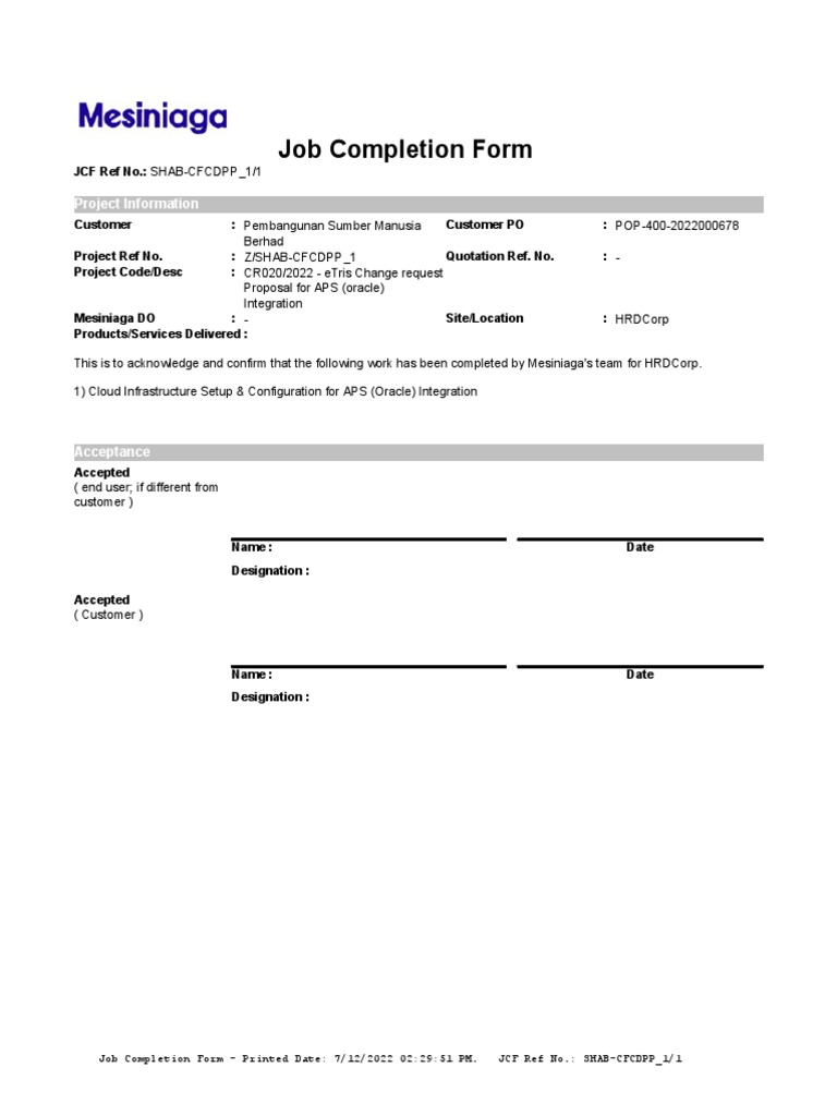 Job Completion Form for APS Integration | PDF | Computers