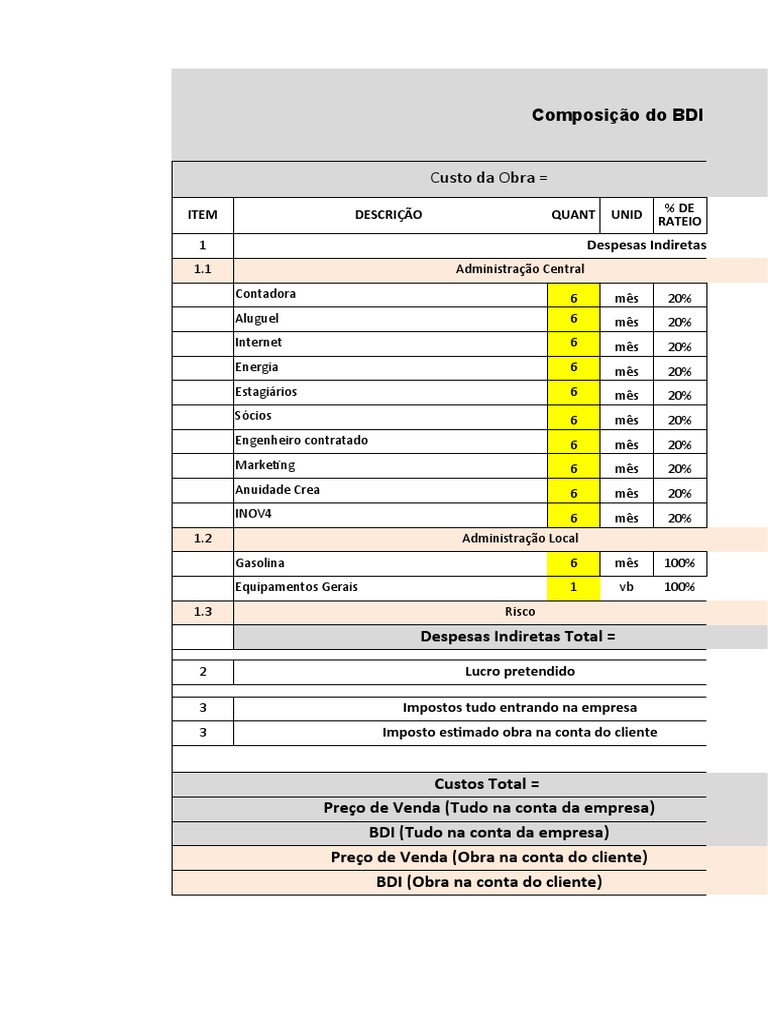 1. CALCULO DE BDI_ATUALIZADO 02.06.2021.xlsx | PDF | Preços | Marketing