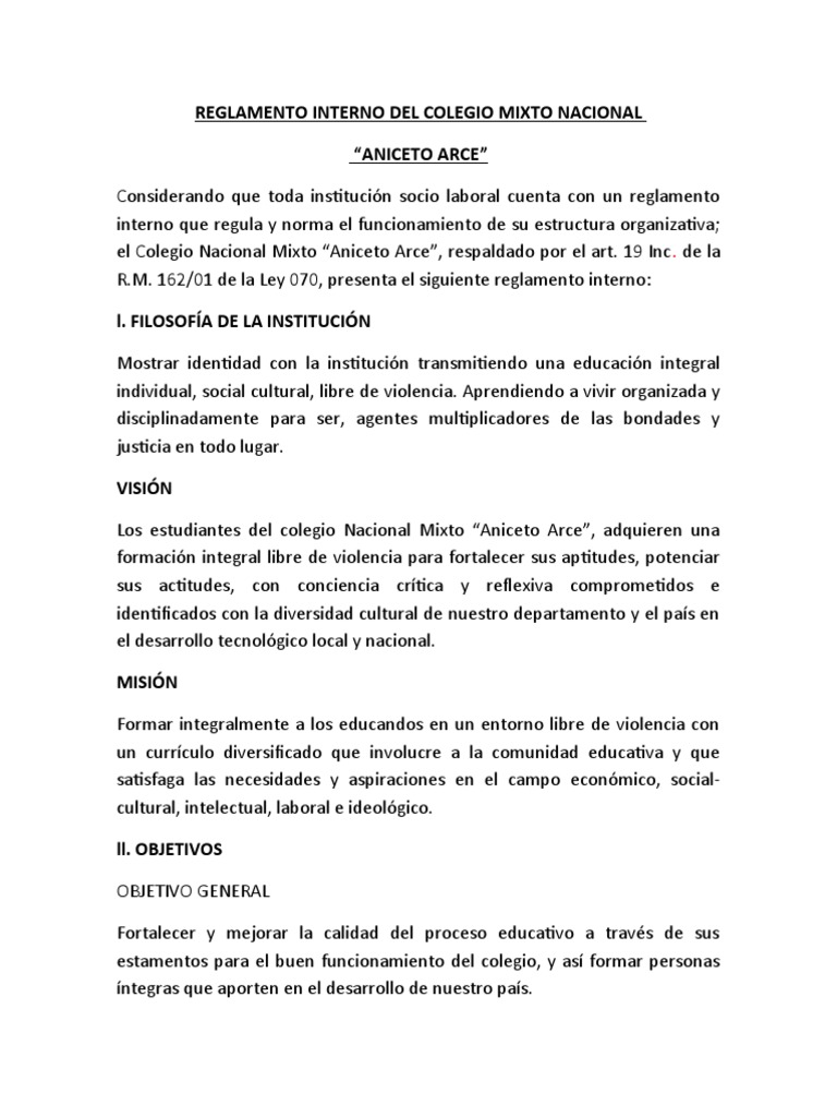 Reglamento Interno 2023 Aniceto Arce | PDF