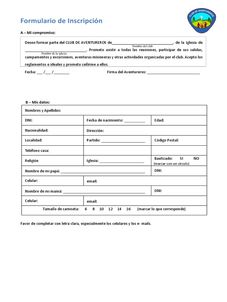 Formulario Inscripción Aventureros | PDF