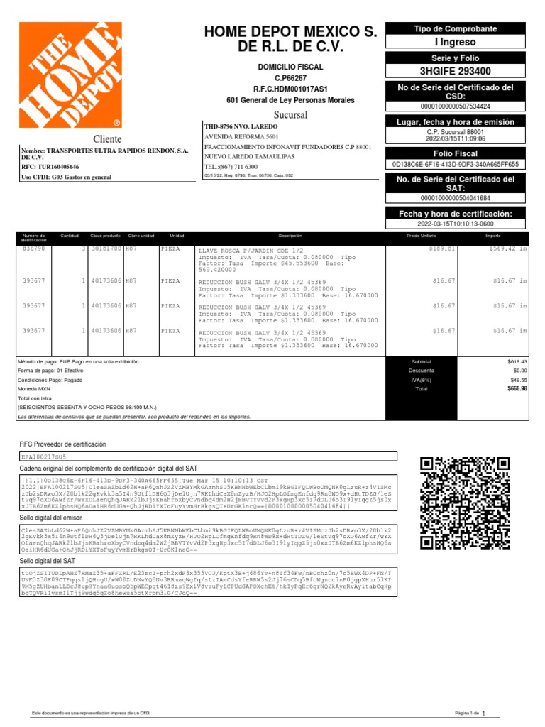 Factura Home Depot para Transporte | PDF