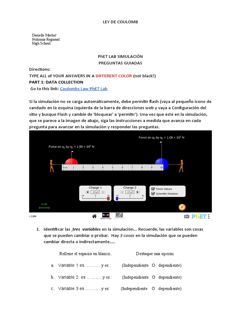 Coulombs Law PhET Simulation Analysis Activity Distance Learning ...