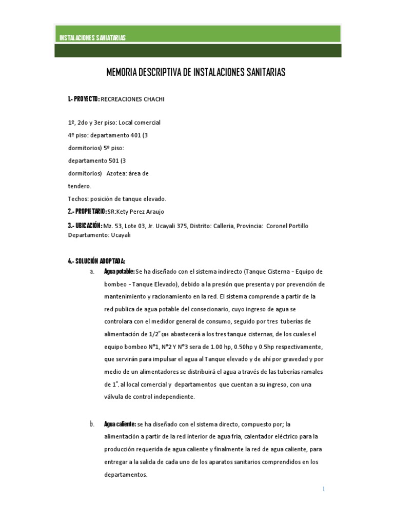 MD de Instalaciones Sanitarias - Recreaciones Chachi PDF | PDF