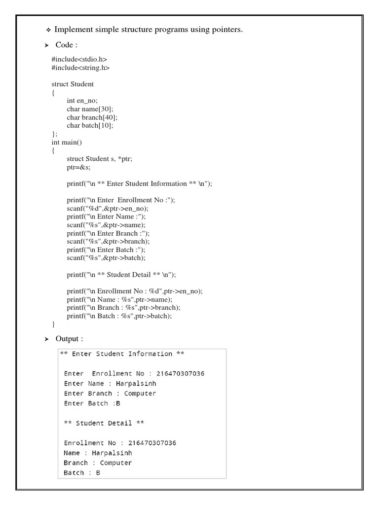 Implement Simple Structure Programs Using Pointers. | PDF