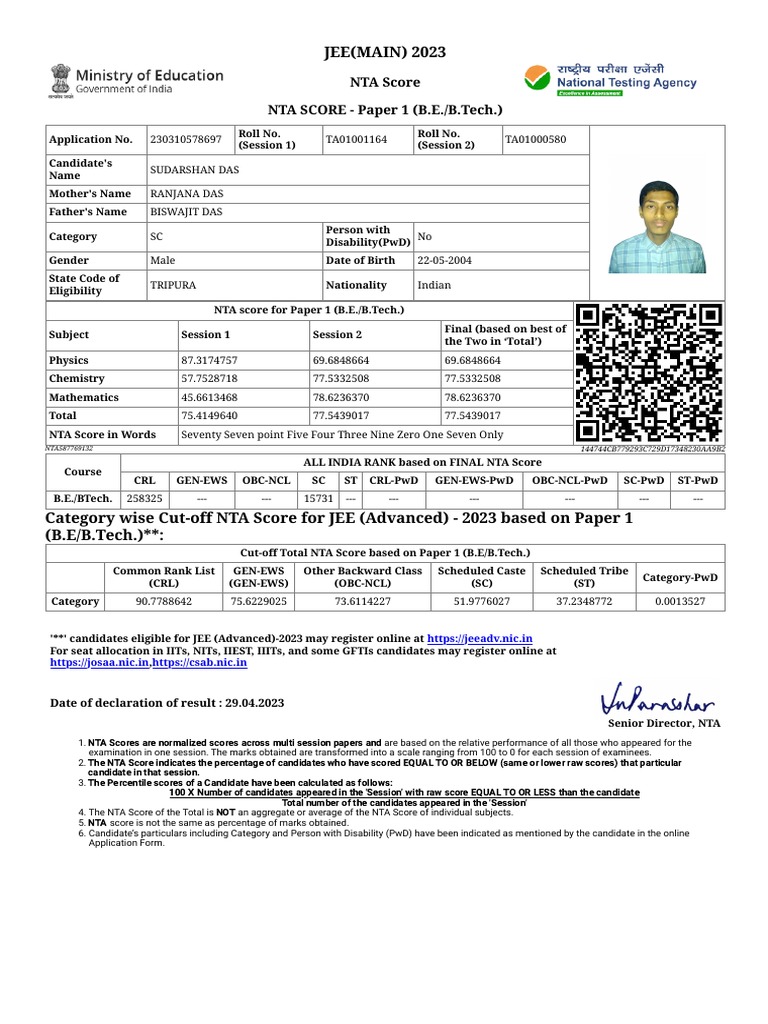 JEE Main 2023 Scorecard for SC Category | PDF