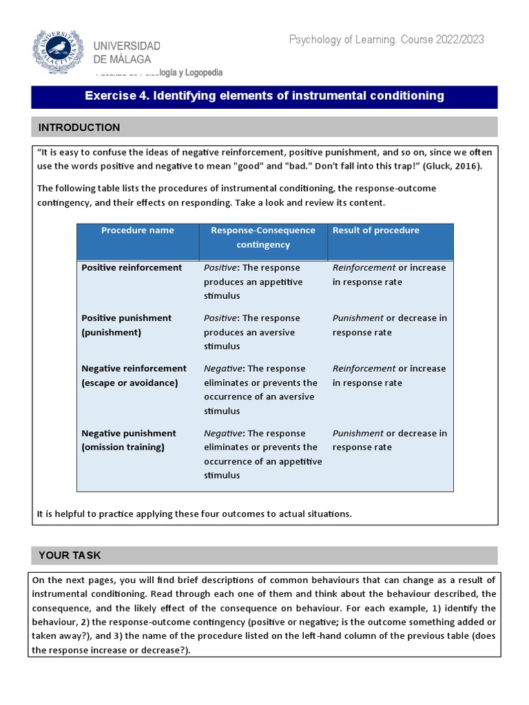 Exercise 4. Identifying Elements of Instrumental Conditioning | PDF