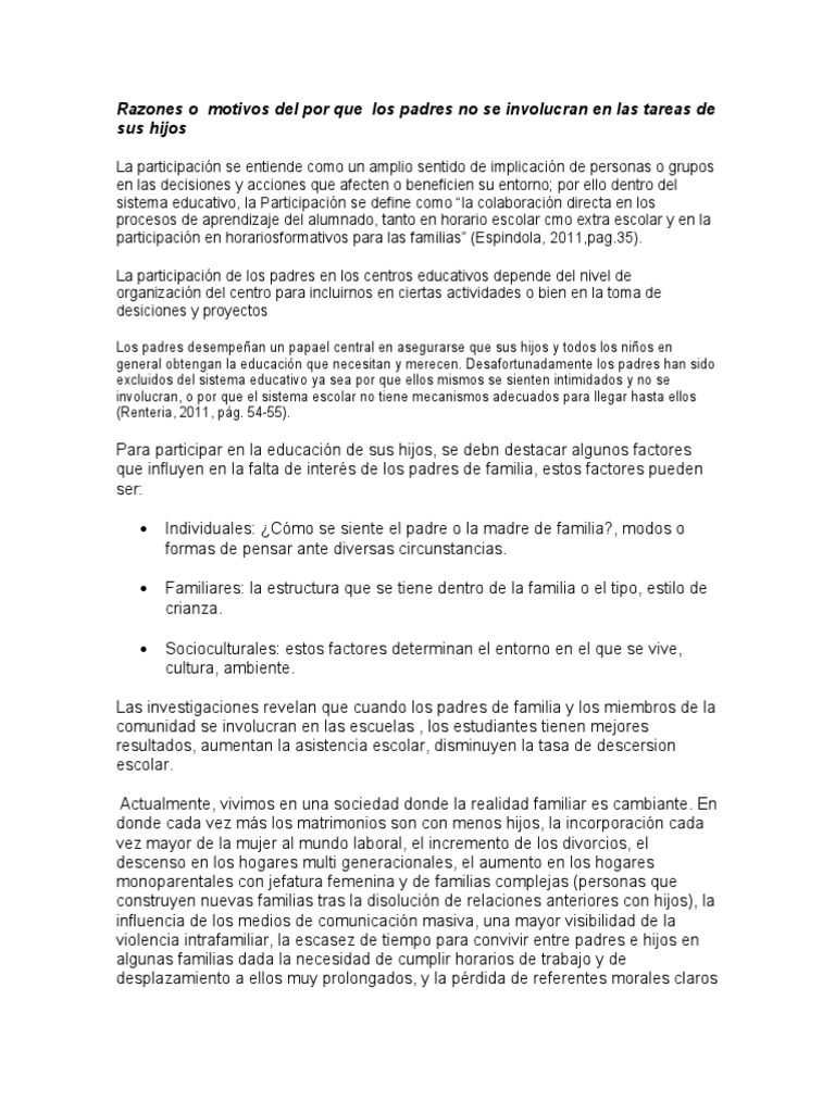 Razones O Motivos Del Por Que Los Padres No Se Involucran En Las Tareas De Sus Hijosdocx Pdf 