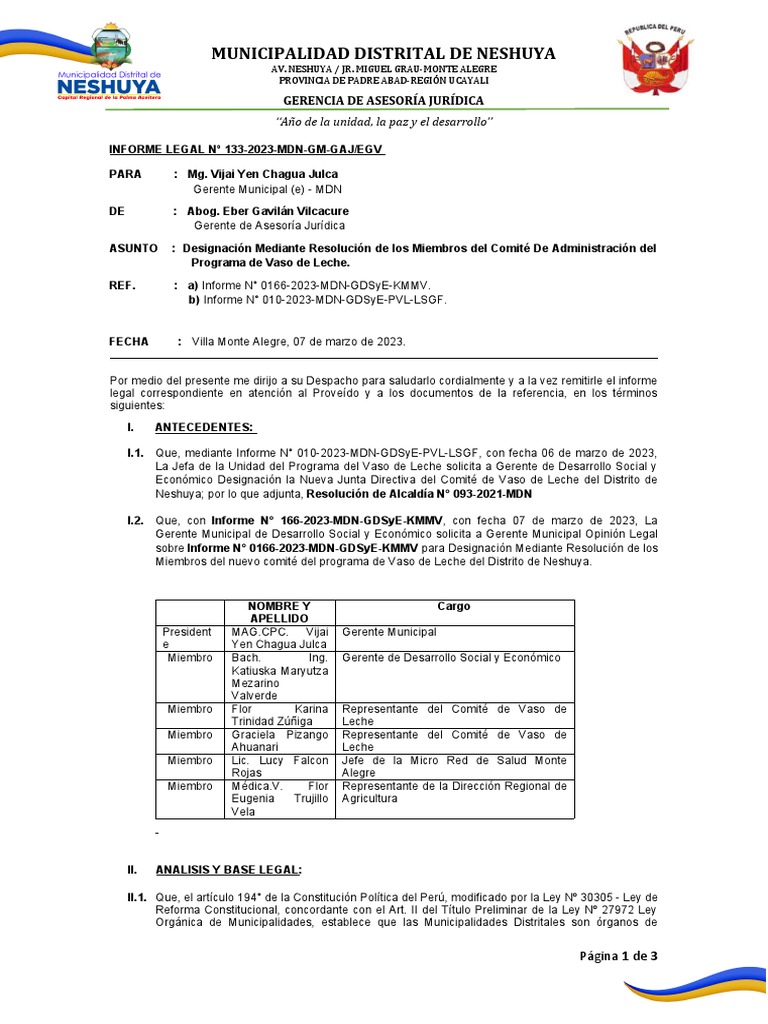 INFORME LEGAL #133-2023designación Mediante Resolución de Los Miembros Del Comité de ...