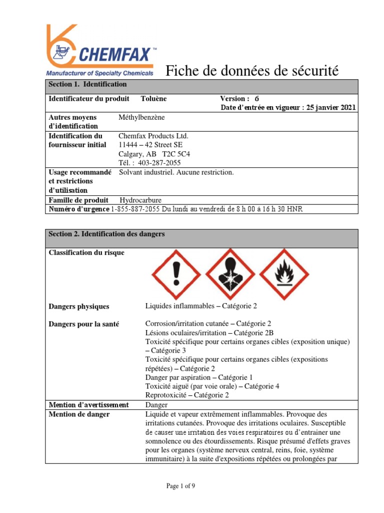 Toluene SDS Version 6 French 2021 PDF | PDF | Bien-être