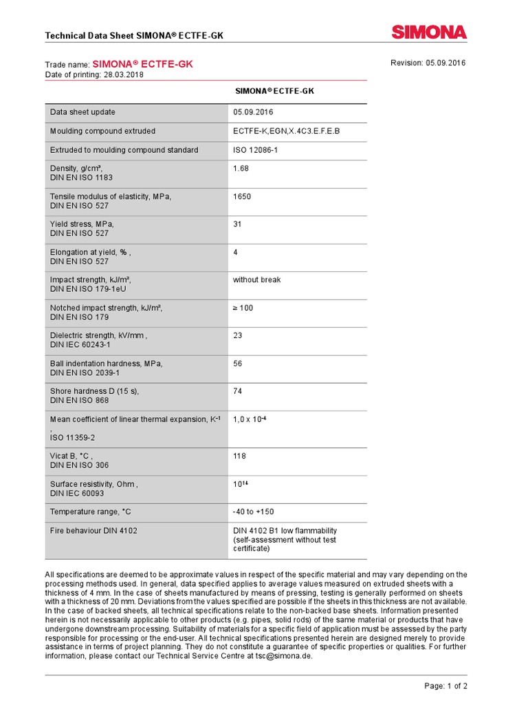 Technical Data Sheet SIMONA® ECTFE-GK | PDF