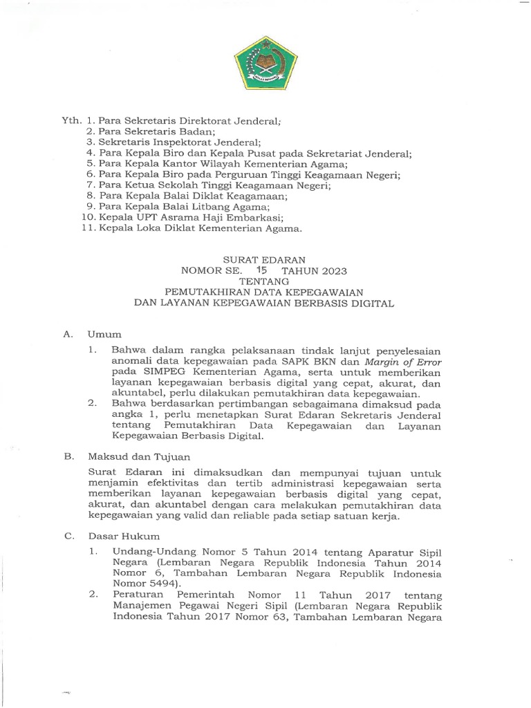 SE SEKJEN 15 TAHUN 2023 - PEMUTAKHIRAN DATA KEPEGAWAIAN DAN LAYANAN KEPEGAWAIAN BERBASIS DIGITAL ...
