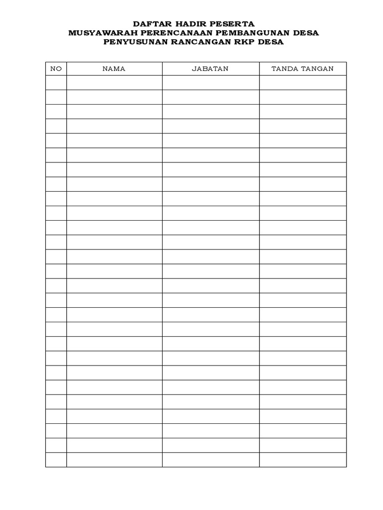 Contoh Daftar Hadir Musrenbang RKP Desa PDF | PDF