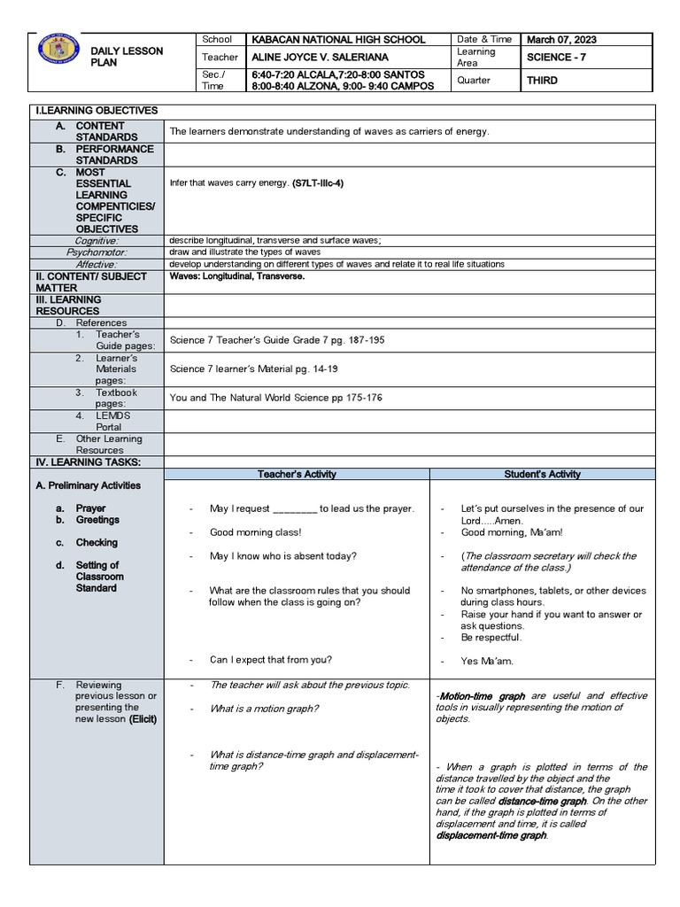 Science Waves Lesson Plan | PDF