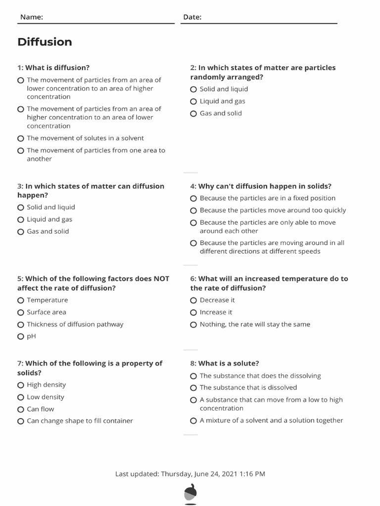 Diffusion Exit Quiz Questions PDF | PDF