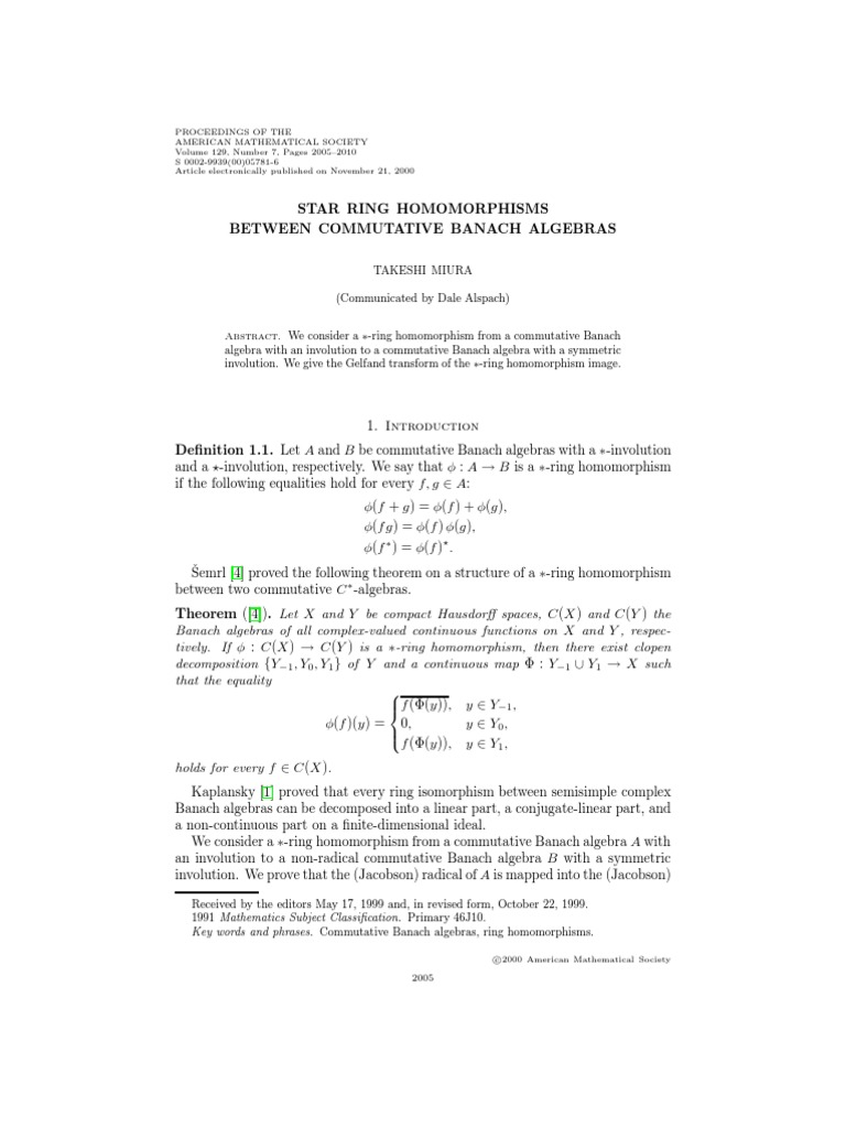 Star Ring Homomorphisms Between Commutative Banach Algebras | PDF | Banach Space | Ring ...