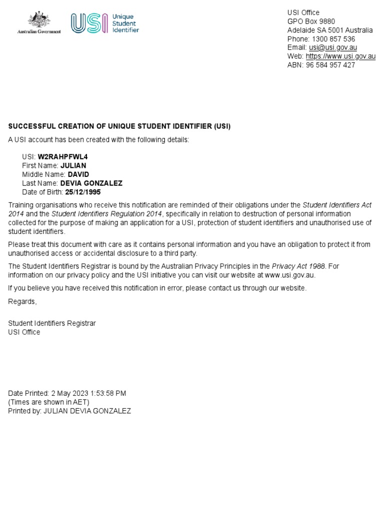 USI Creation Notice for Training Orgs | PDF
