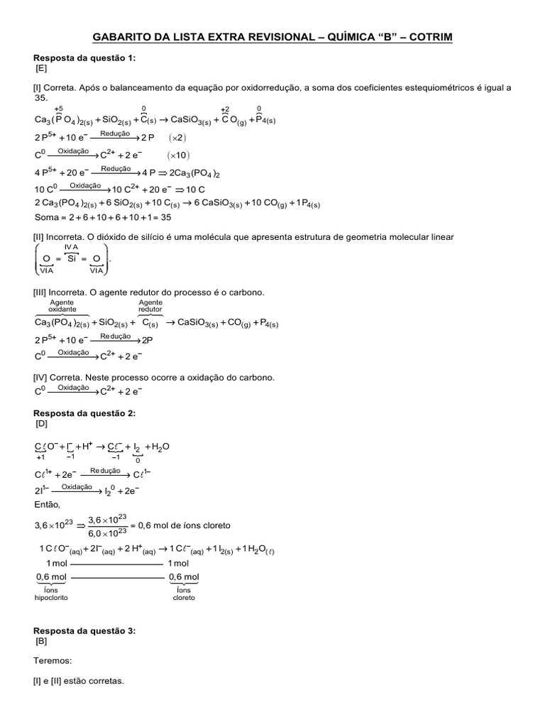 Gabarito - Lista Extra - Balanceamento REDOX PDF | PDF