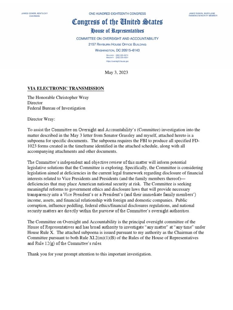 Comer Subpoena Cover Letter and Wray Subpoena 050322 | PDF
