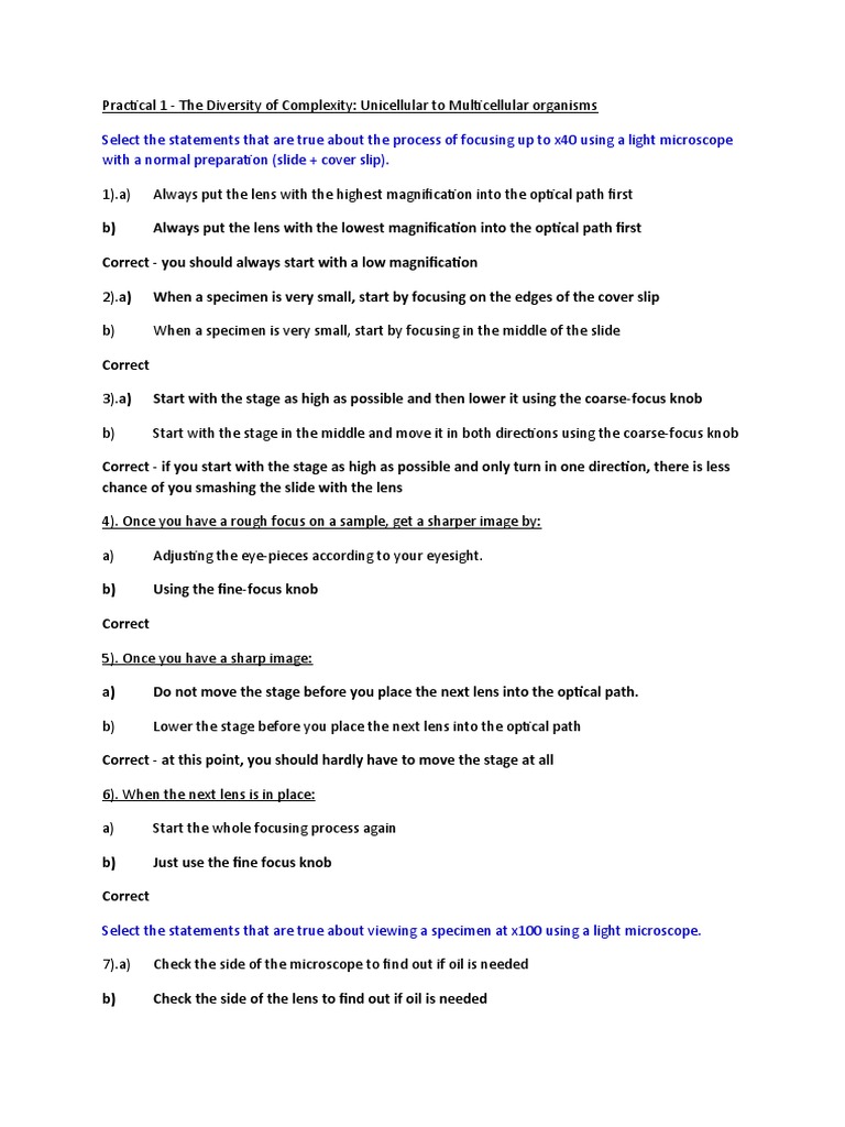 Lab Practical 1 - The Diversity of Life - Unicellular To Multicellular ...
