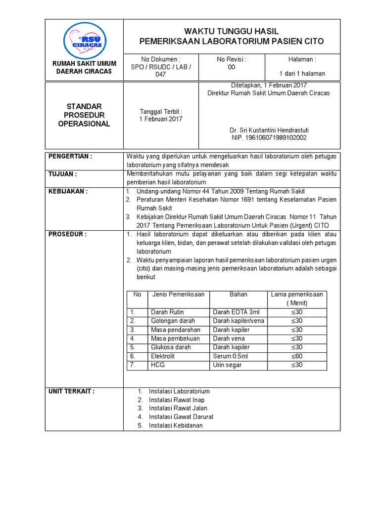 Spo Waktu Tunggu Hasil Pemeriksaan Pasien Laboratorium Cito | PDF