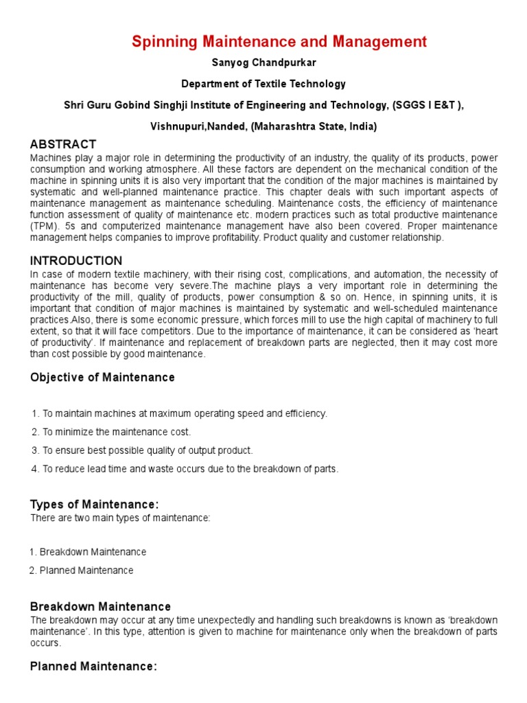 Spinning Unit Maintenance Strategies | PDF