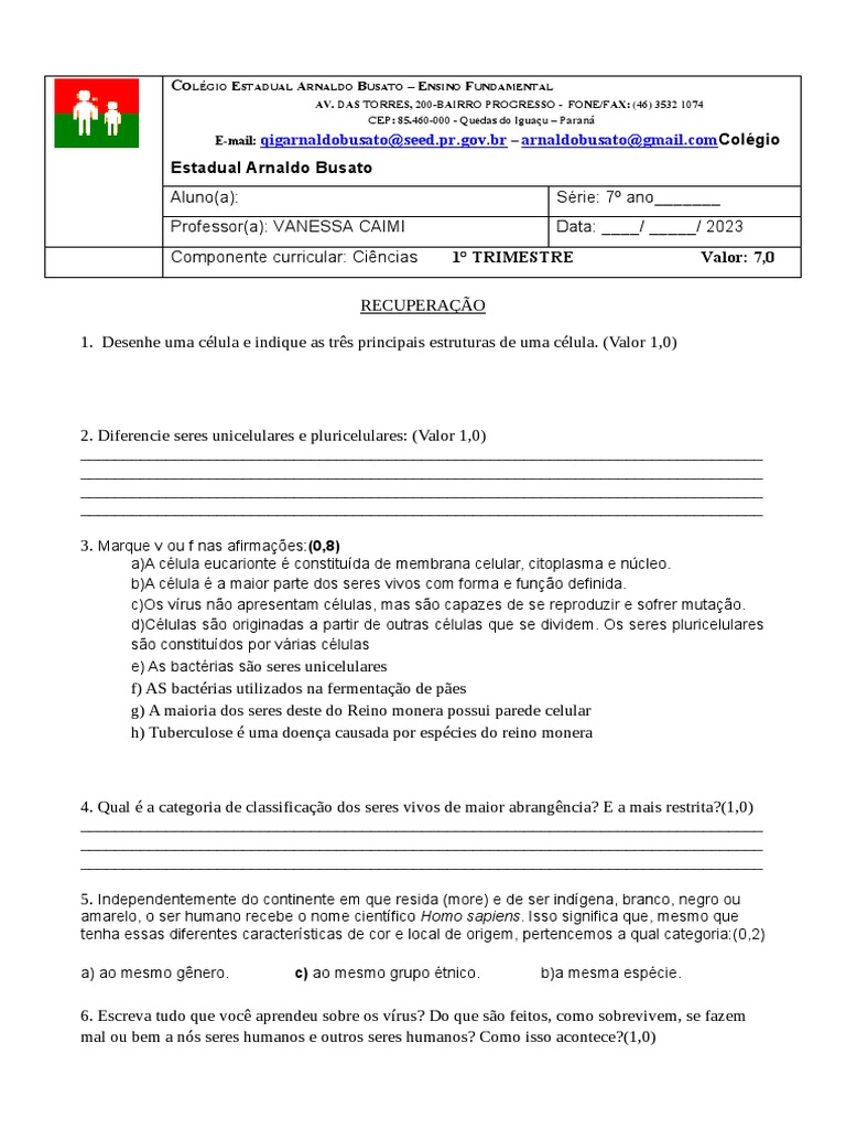 Prova 7 Ano A e B 1 Trimestre REC | PDF