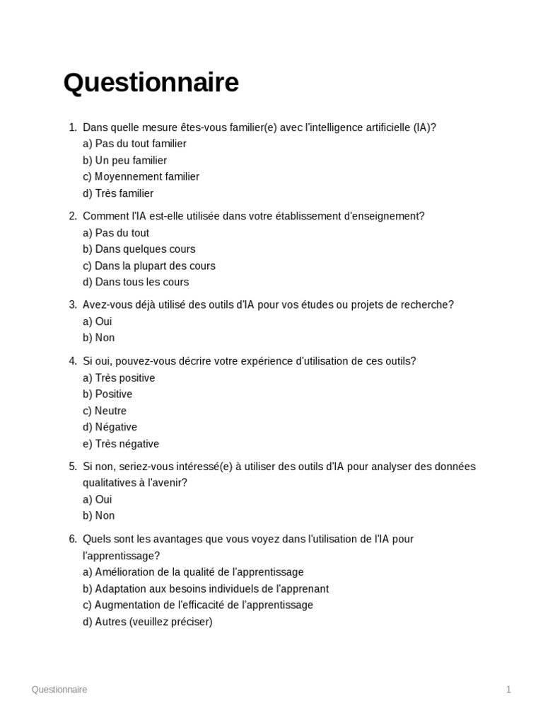 Questionnaire sur l'utilisation de l'IA | PDF | Intelligence ...