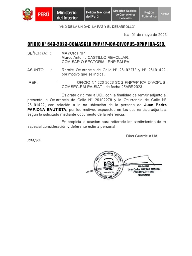 Oficio Comisaria de Palpa | PDF