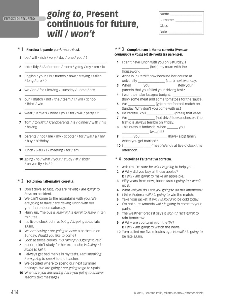 SSSG INGLESE Going To, Present Continuous For Future, Will Won't PDF | PDF